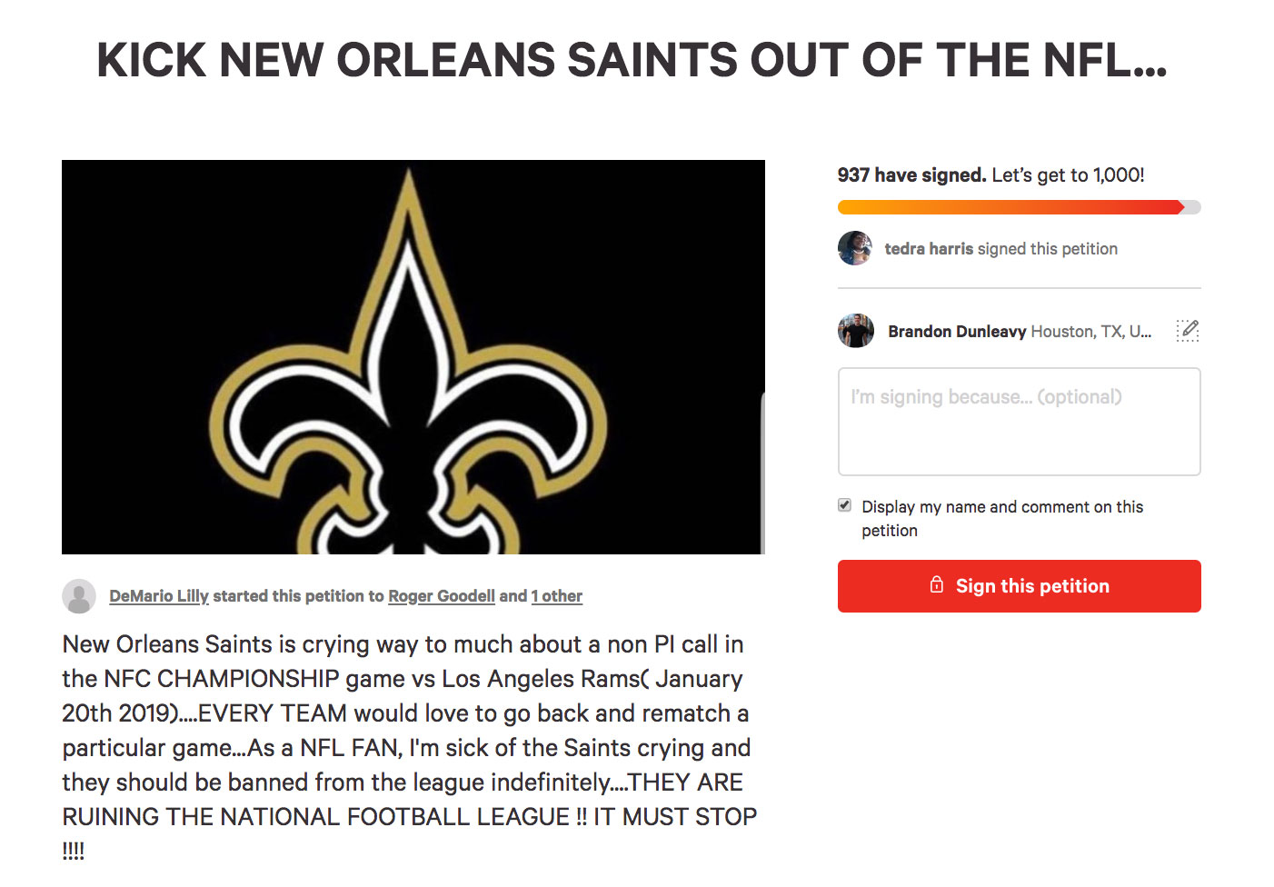 Petition Started To Kick The Saints Out Of The NFL For All Their Crying ...
