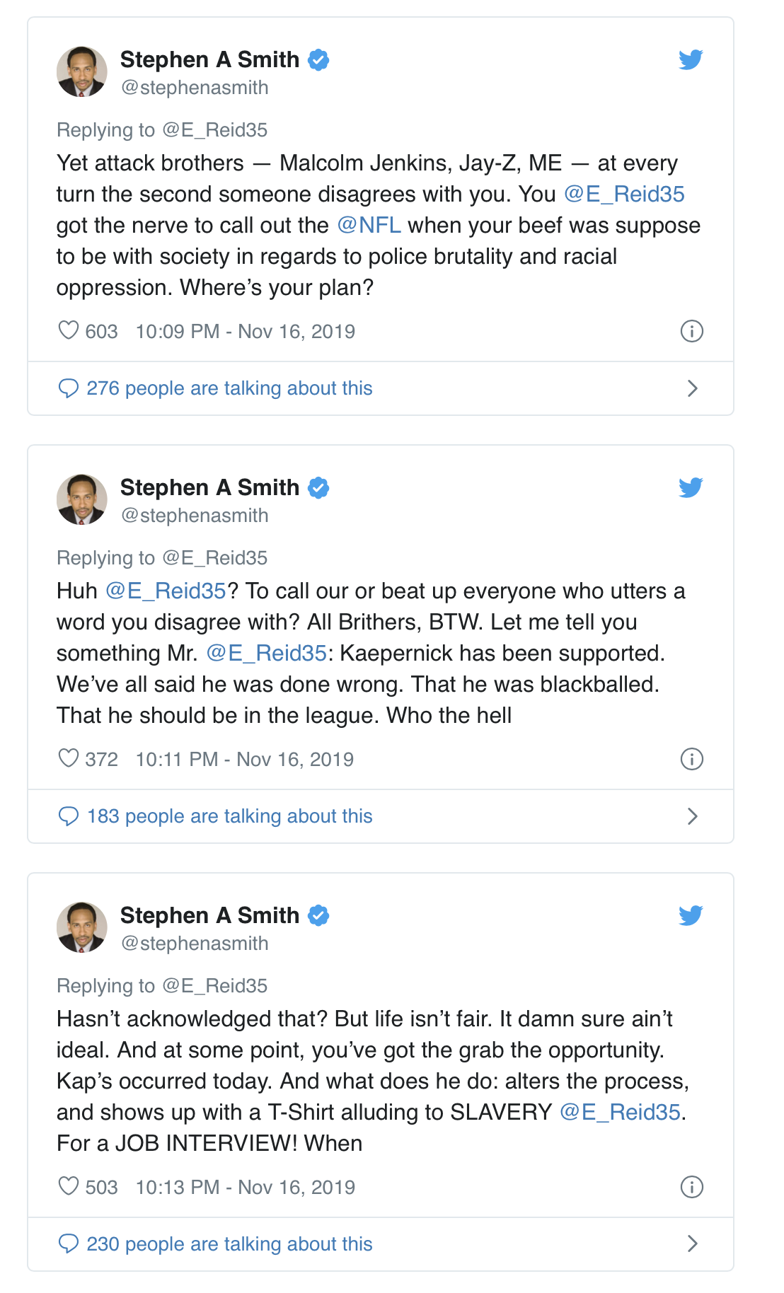 Eric Reid And Stephen A Smith Get Into Twitter Arugment Over Colin ...