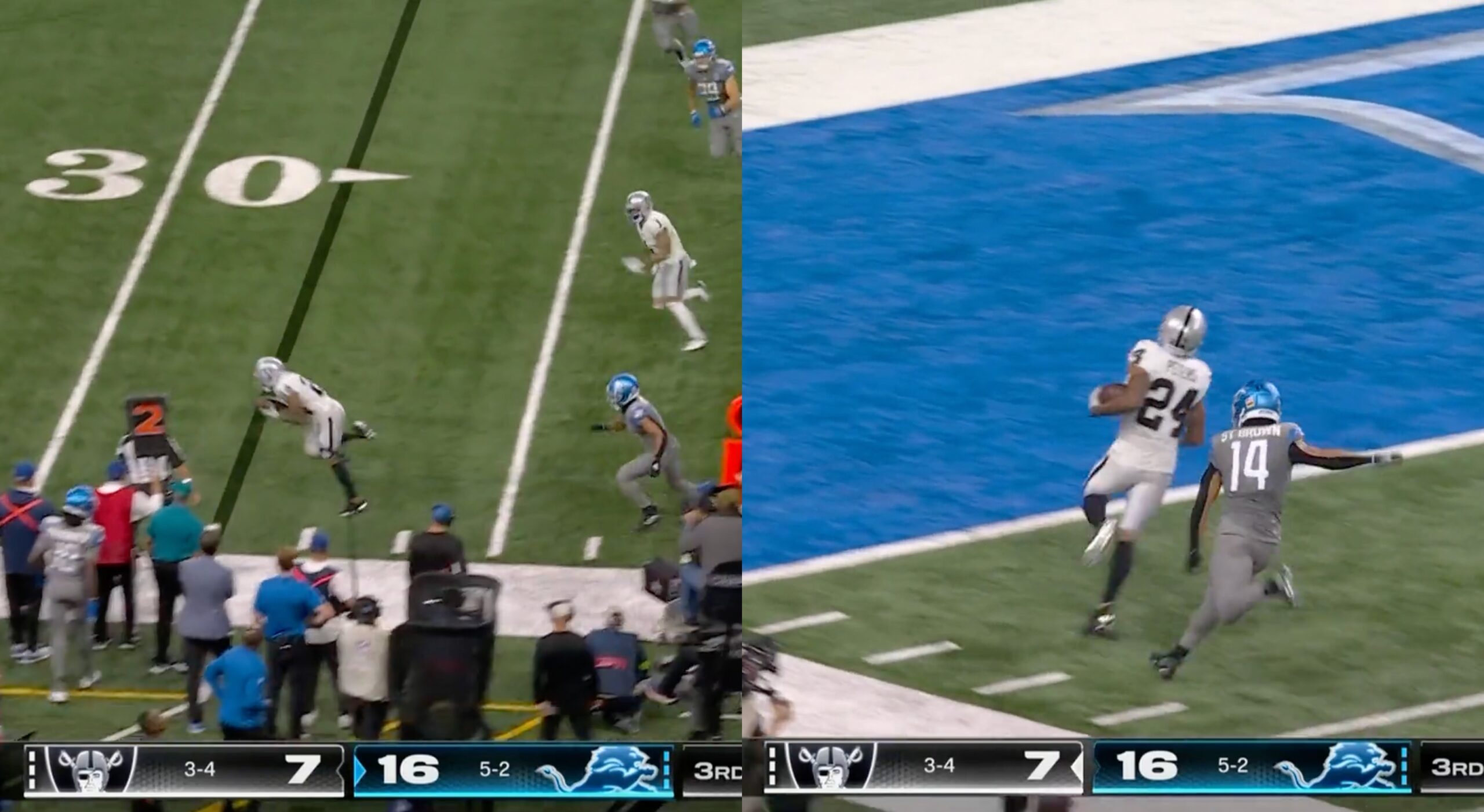 Raiders CB Marcus Peters Gets A Pick-6 Off Jared Goff During MNF Game ...
