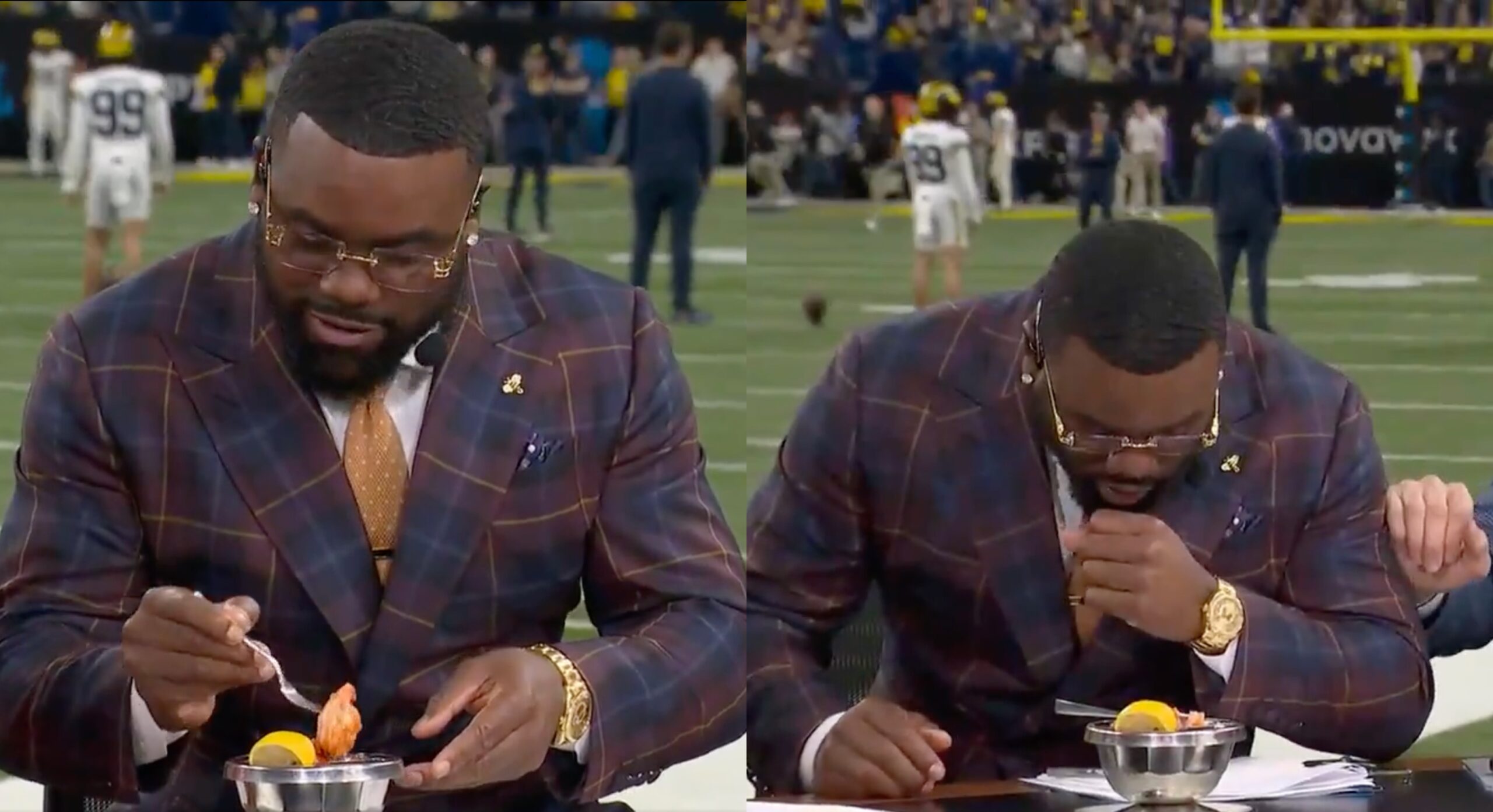 Mark Ingram Nearly Passes Out On Live TV After Eating Spicy Shrimp Cocktail Sauce During Big Ten ...