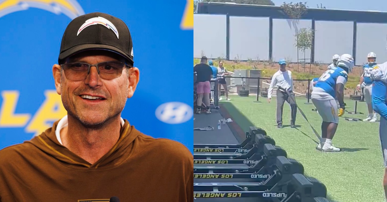 Jim Harbaugh Pulls 300lbs Chargers Player By Resistance Band During ...