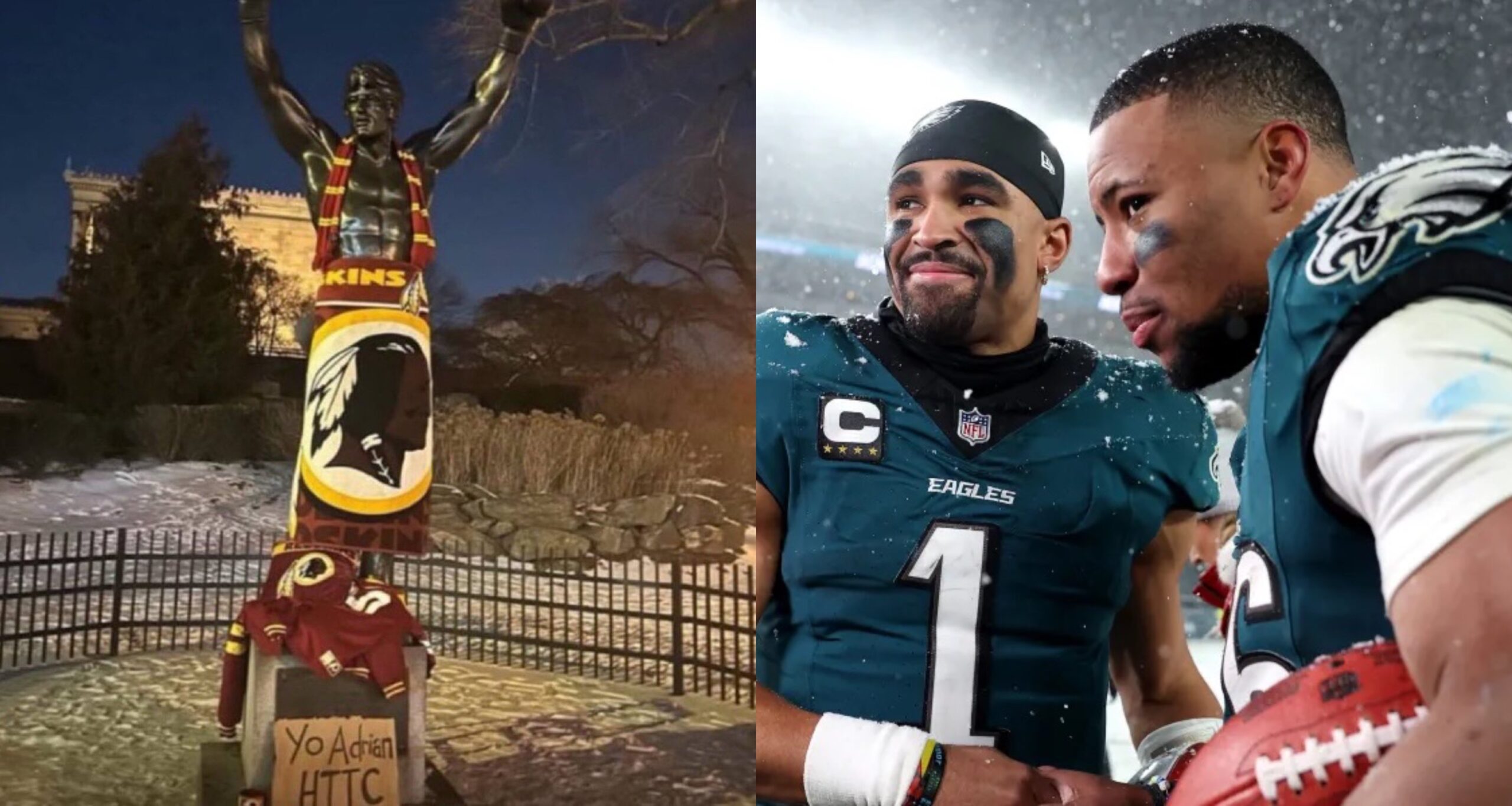 Commanders Fans Decorate Rocky Statue With Team Gear Ahead Of NFC ...