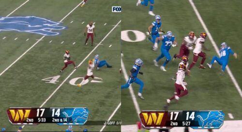 Jared Goff Throws A Horrible Pick-6 vs Commanders, Leaves Game After ...