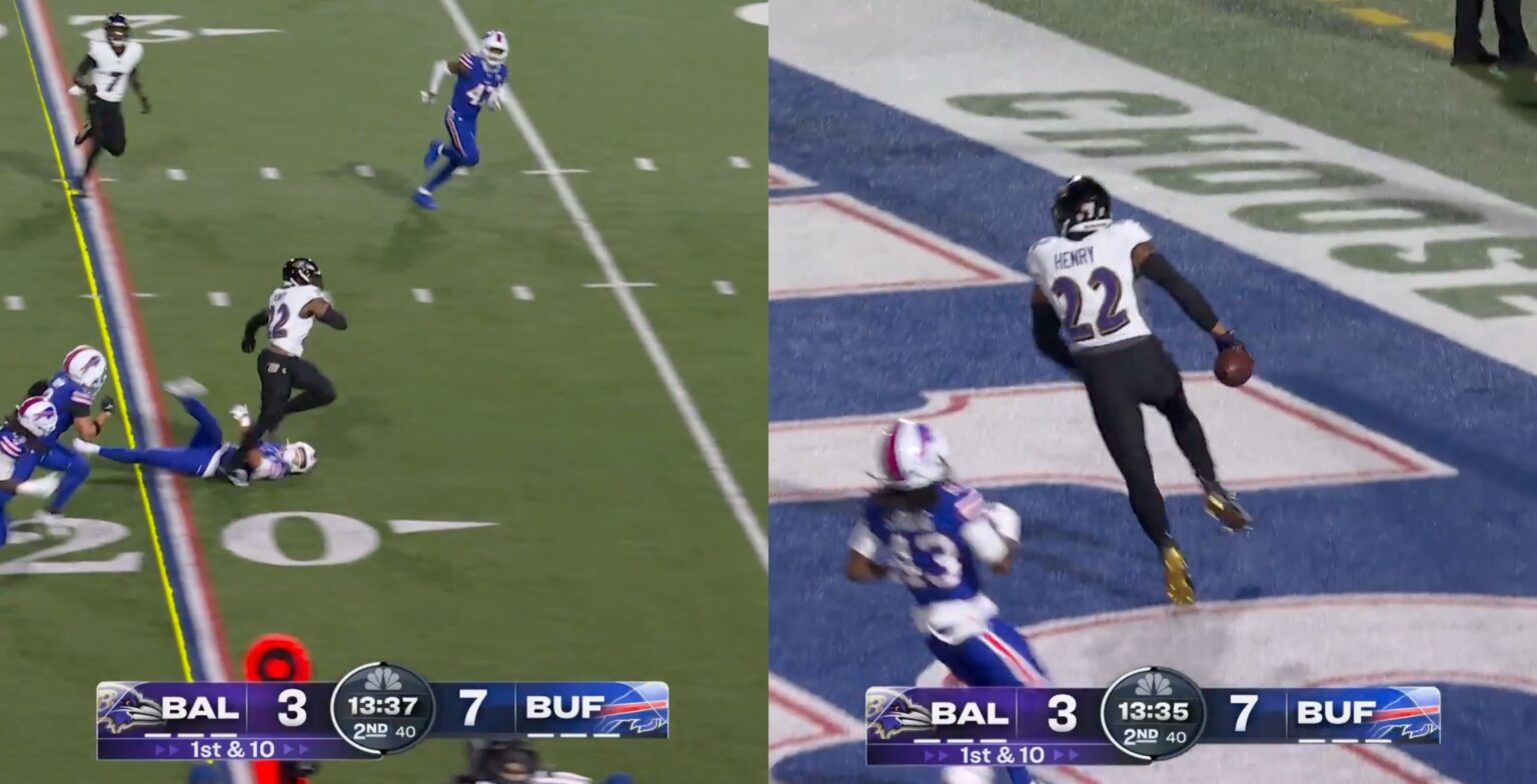 Derrick Henry Drops Bills Safety With A Mean Stiff Arm During 30-Yard ...