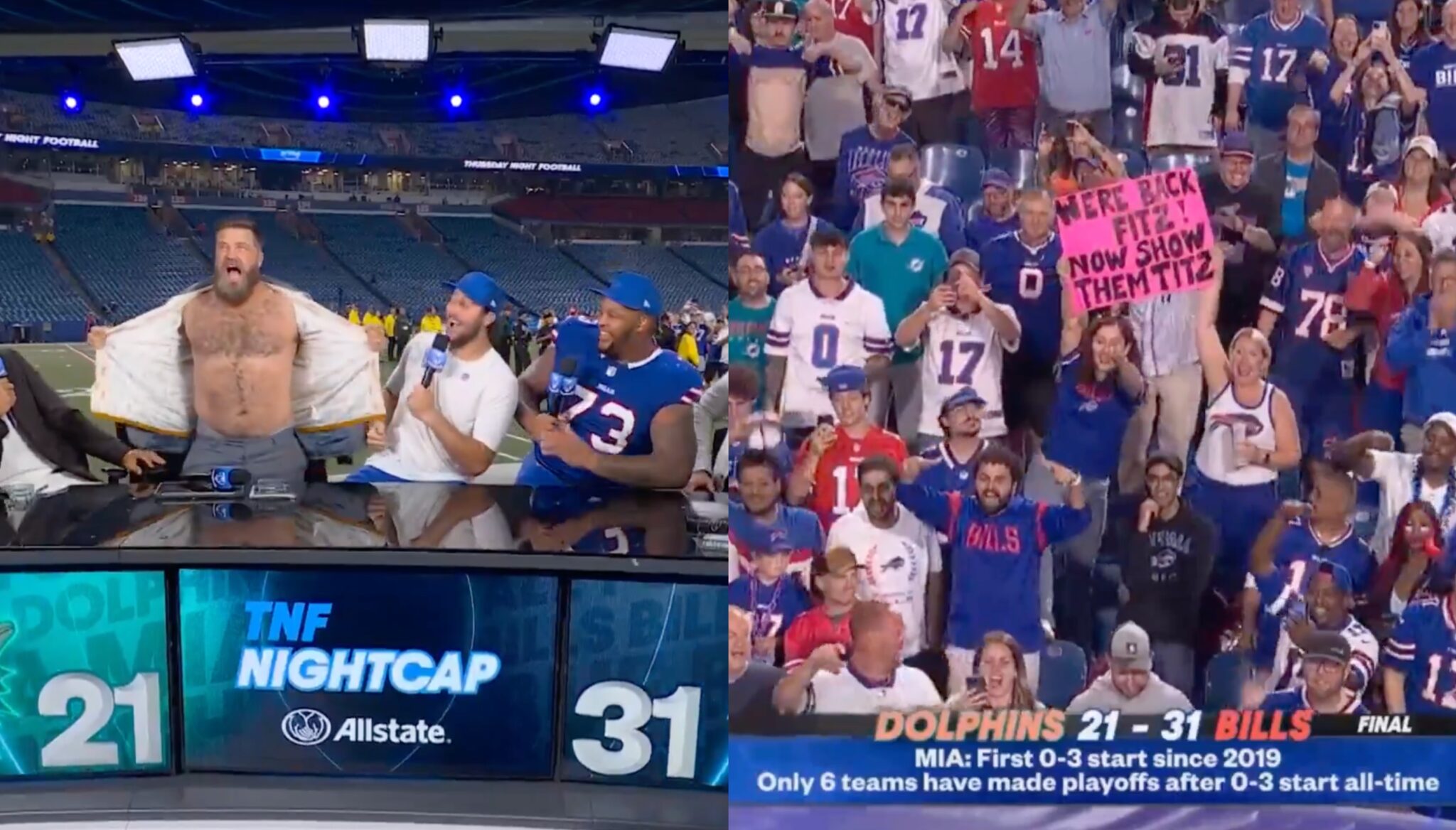 Ryan Fitzpatrick Rips Off Shirt, Reads NSFW Bills Mafia Sign Live On Air During TNF Postgame ...
