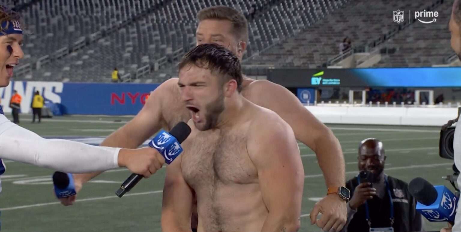 Cam Skattebo Tears Off T-Shirt With Ryan Fitzpatrick, Screams Into ...